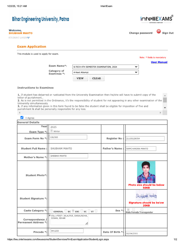 4th Sem Exam Form | PDF