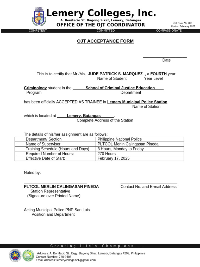 OJT Form No. 008 ACCEPTANCE LETTER | PDF