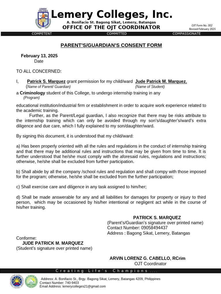OJT Form No. 002 PARENTS CONSENT | PDF | Civil Law (Legal System) | Justice