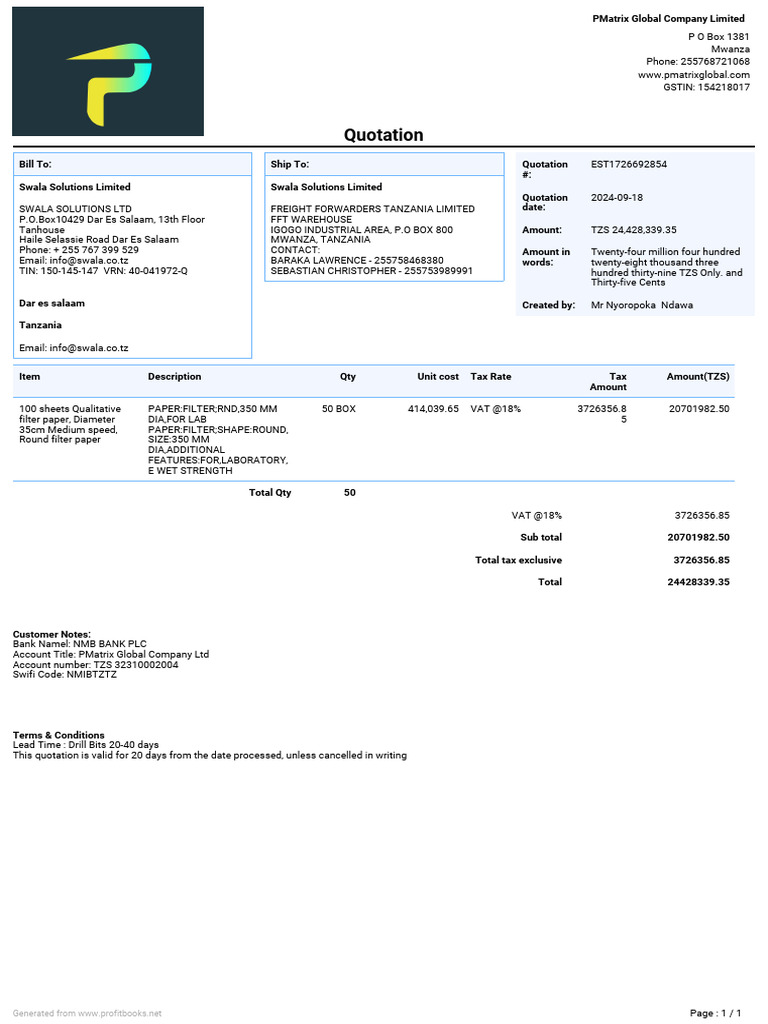 Quotation for Swala Solutions Limited | PDF | Printing Materials