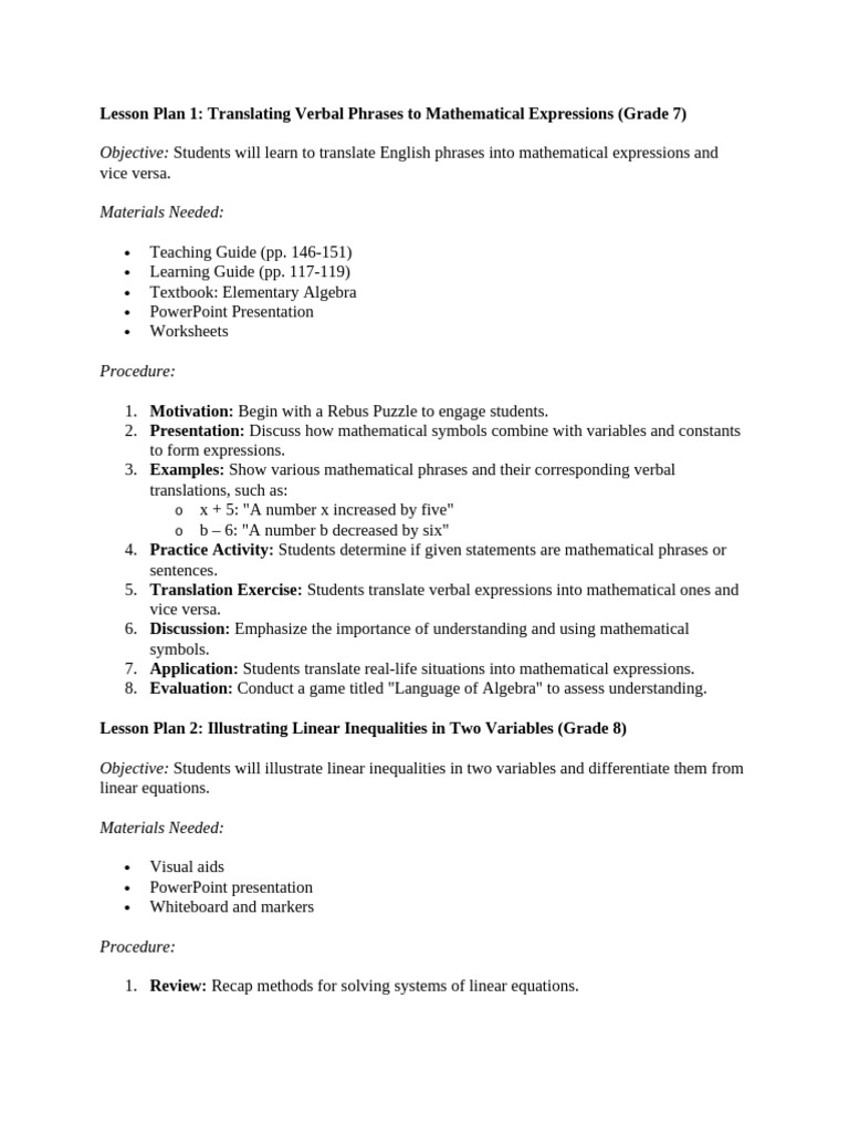 Math Expressions & Inequalities Lesson Plans | PDF
