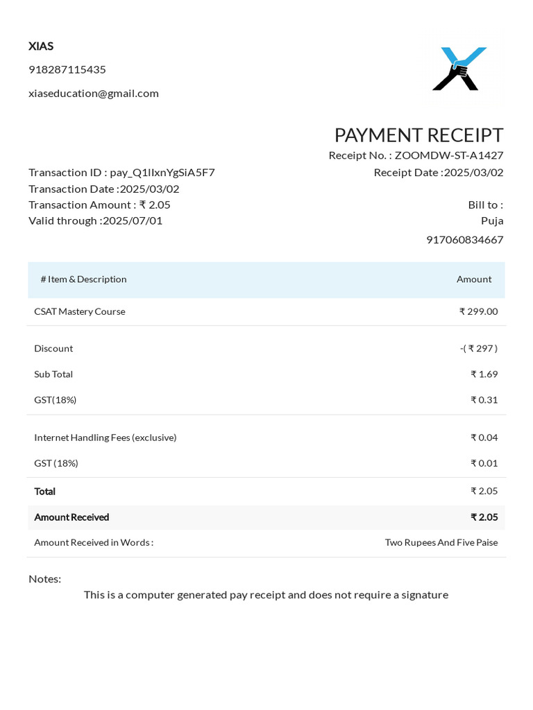Payment Receipt for CSAT Course | PDF
