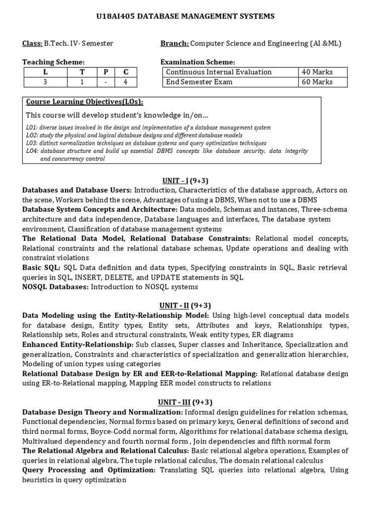 Database Management Systems Course Outline | PDF | Databases | Relational Model