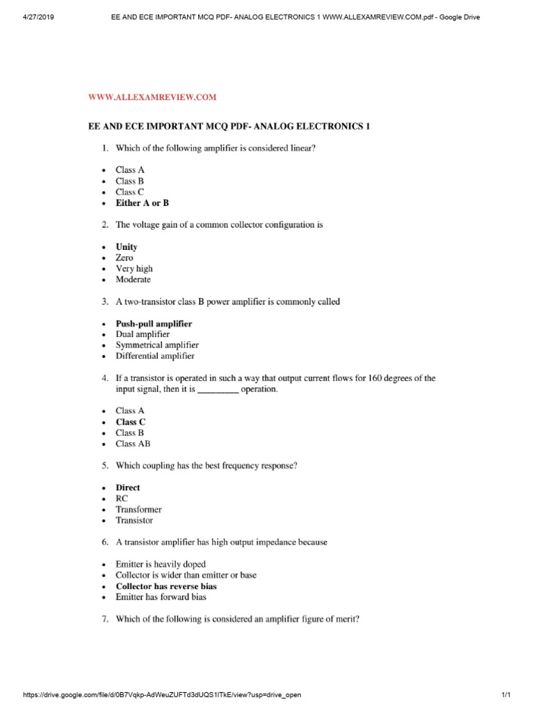 Ee and Ece Important MCQ PDF - Analog Electronics 1 | PDF
