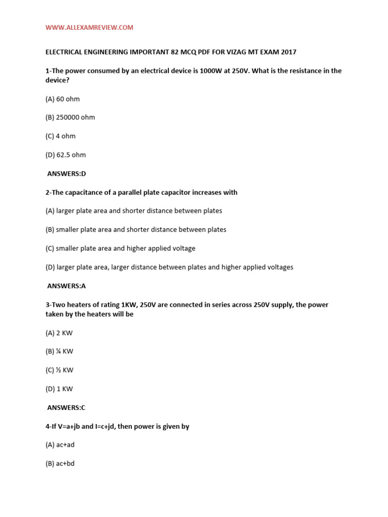 Electrical Engineering Important 82 MCQ PDF For Vizag MT Exam 2017 | PDF | Superconductivity ...