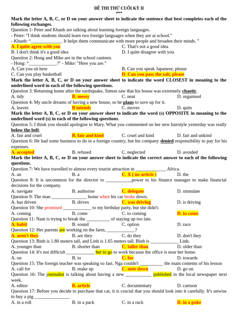 ĐỀ THI THỬ CUỐI KỲ II - K12 | PDF | Adolescence | Communication