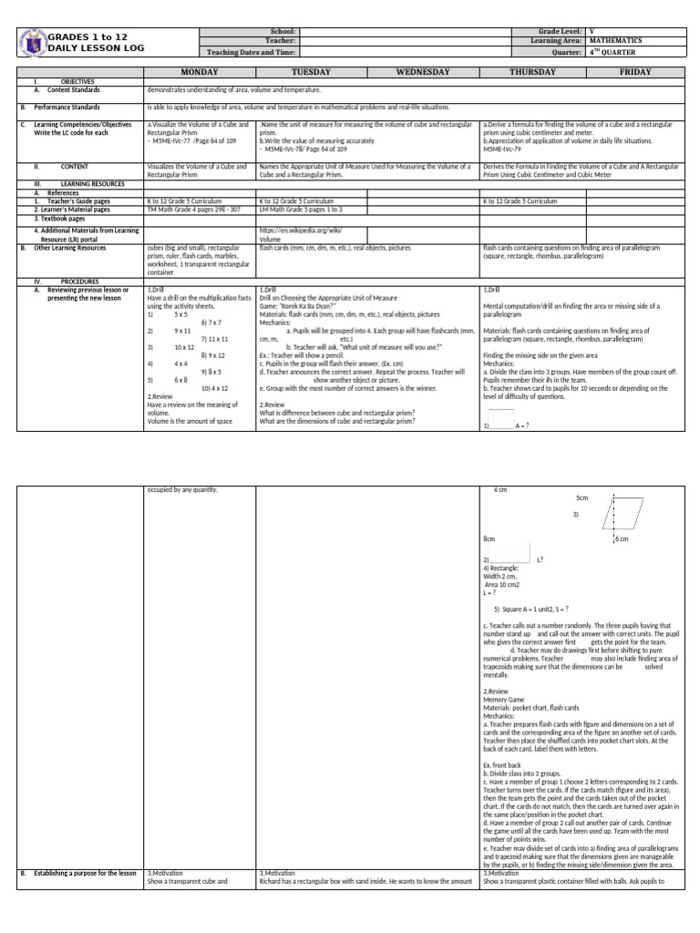 DLL_MATHEMATICS 5_Q4_W3 | PDF | Volume | Length