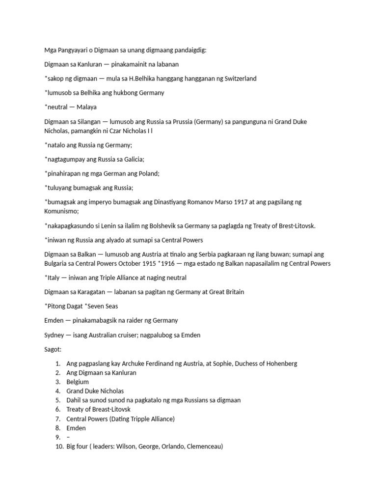 Mga Pangyayari o Digmaan Sa Unang Digmaang Pandaigdig | PDF