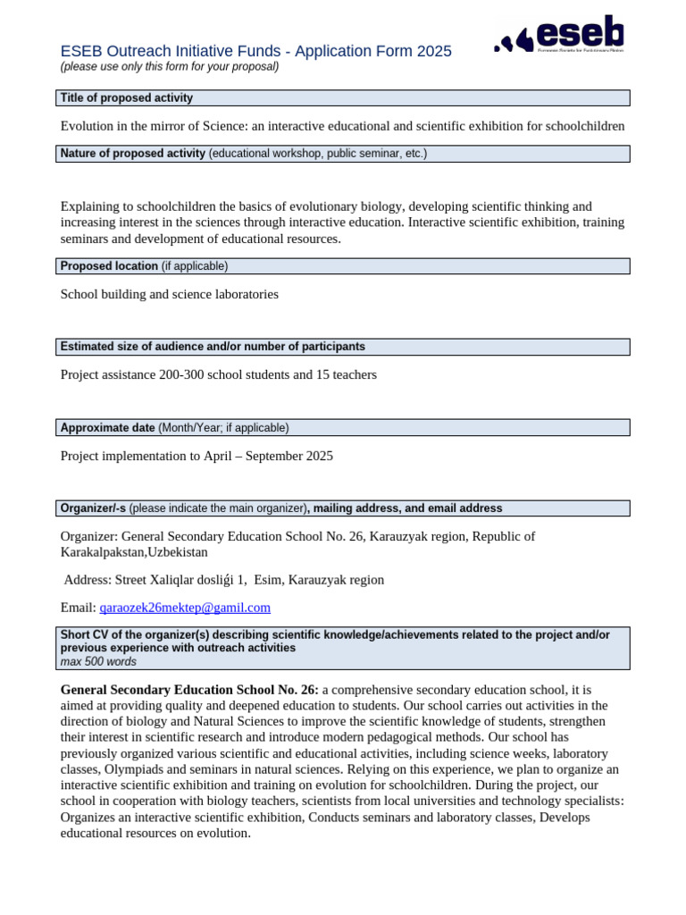 ESEB Outreach Fund Application 2025 | PDF | Science | Evolution