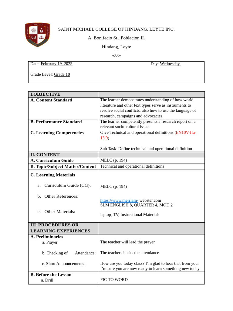 Lesson-Plan-G10 (Module 2) 7 | PDF | Definition | Vocabulary