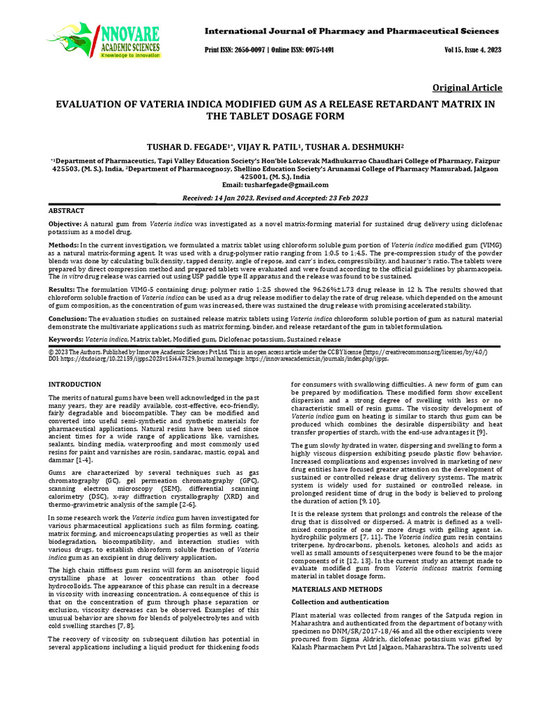 Vateria Indica Gum for Sustained Release Tablets | PDF | Tablet ...