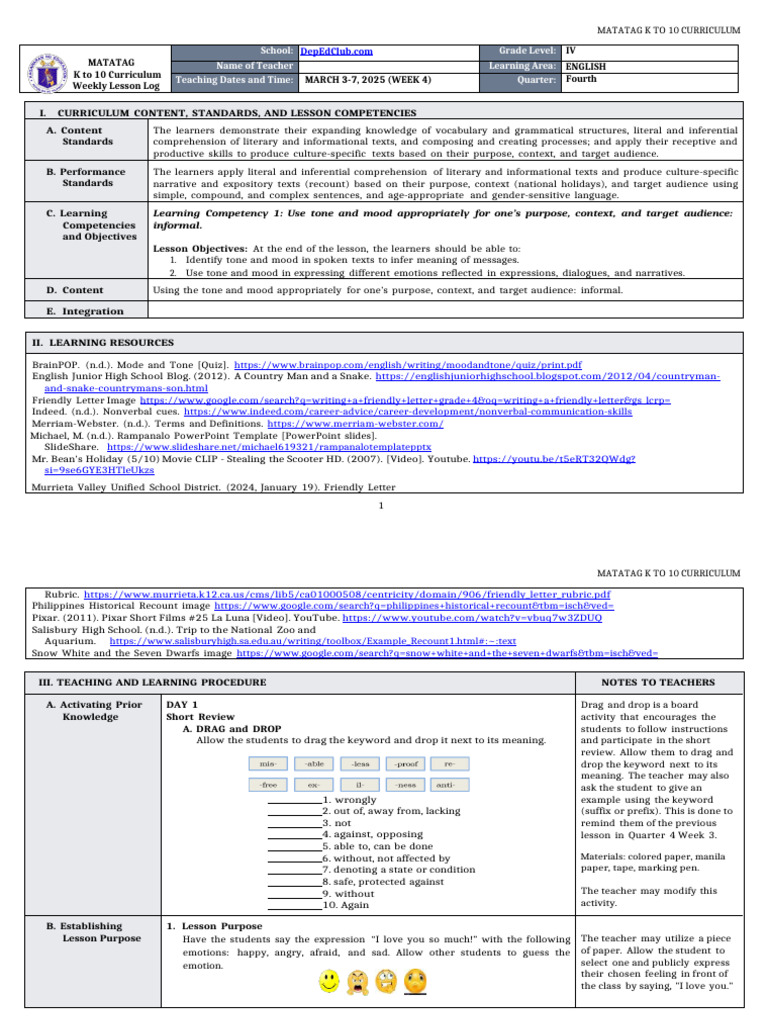 DLL Matatag - English 4 q4 w4 | PDF | Curriculum | Feeling