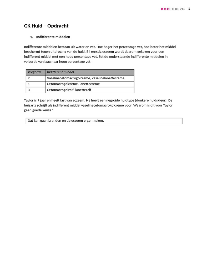 GK Huid - 1 Indifferente Middelen - Opdracht | PDF