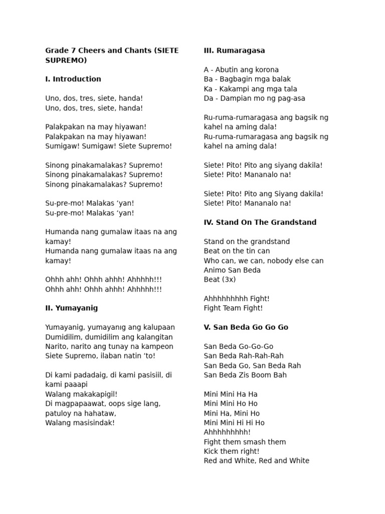 Grade 7 Cheers and Chants | PDF