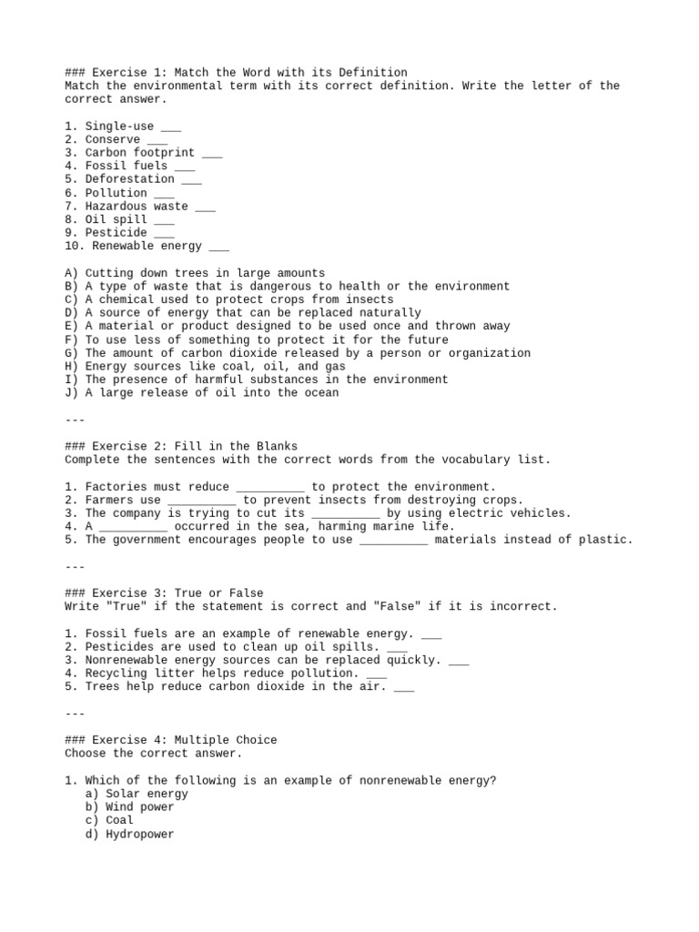 Environment Vocab Exercises | PDF | Waste | Pollution