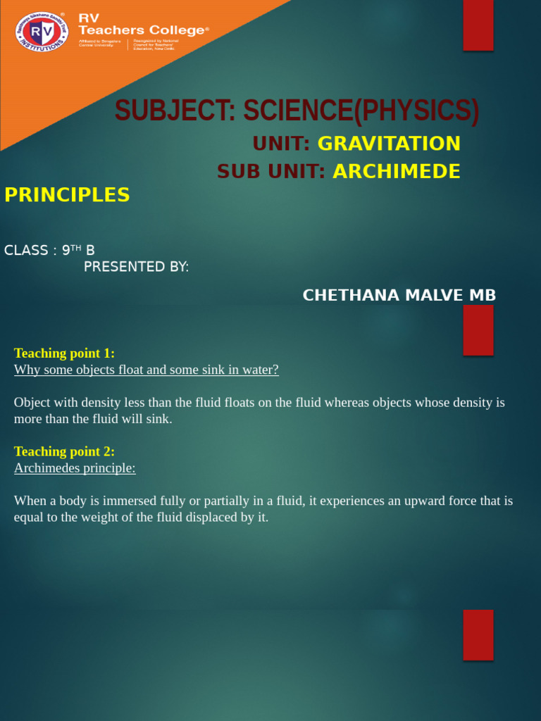 Physics-Chethana-Archimedes Principle | PDF | Buoyancy | Mechanics