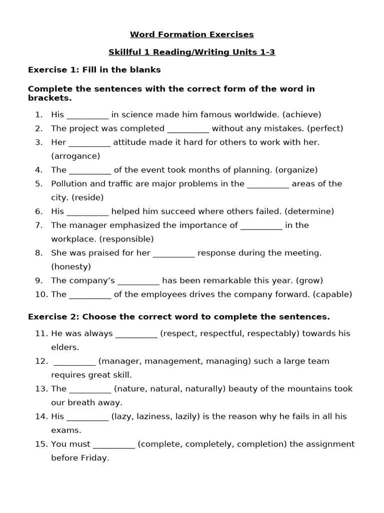 BST Word Form. Exercises RW U1-3 WORD | PDF | Adverb | Adjective