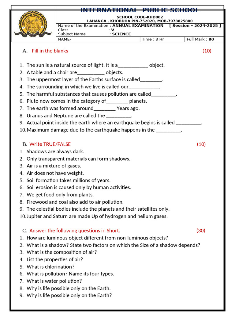 Class 5 Science Annual Exam Questions | PDF | Planets | Earth