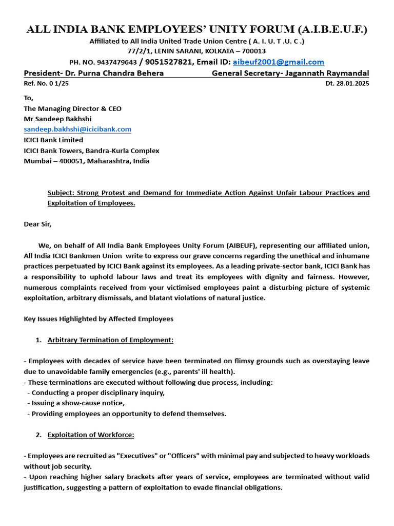 Letter To Md&Ceo Icici Bank From Aiutuc and Aibeuf | PDF | Employment ...