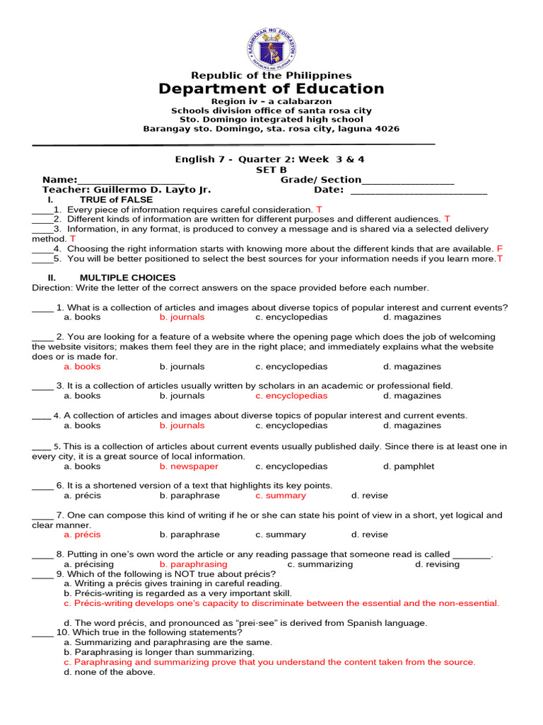 Q2 English Grade 7 SUMMATIVE Test 2022-2023 | PDF | Human Communication ...