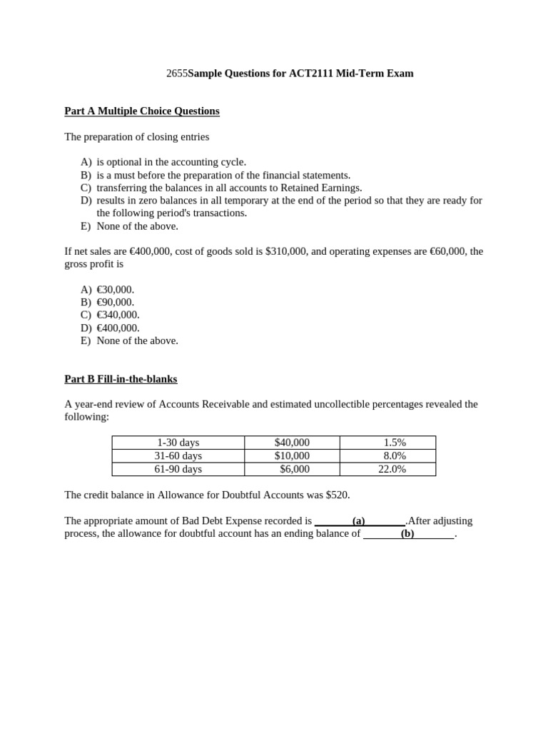 Sample Questions For ACT2111 Mid-Term | PDF | Bad Debt | Cost Of Goods Sold