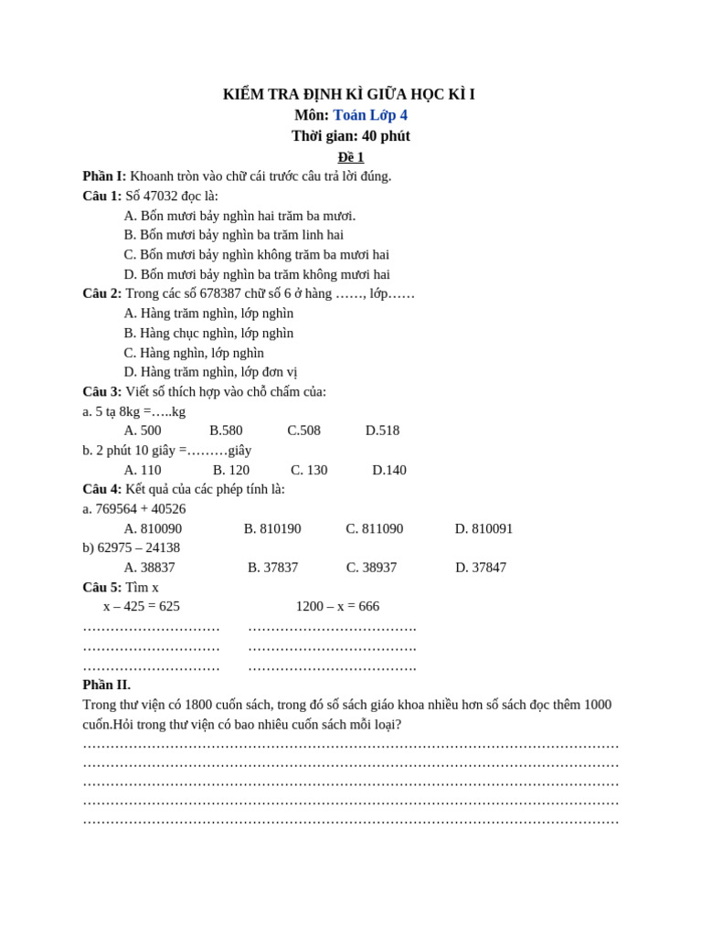 TOÁN 4 - ĐỀ GK1 | PDF