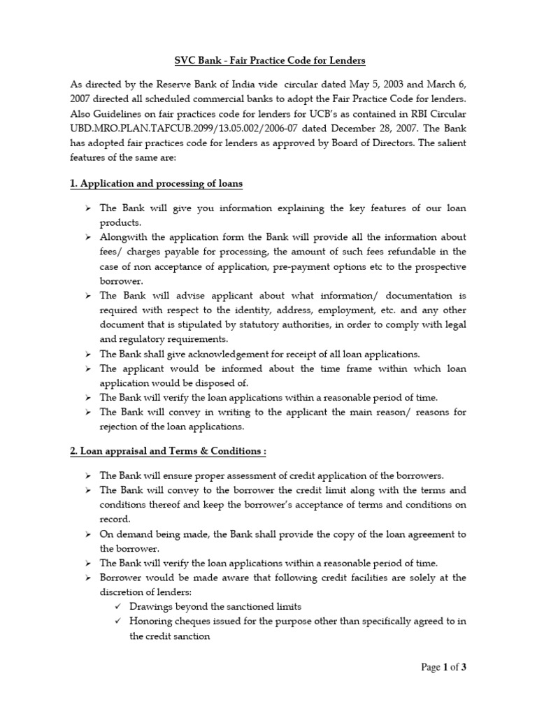 Fair Practice Code For Lenders | PDF | Loans | Banks