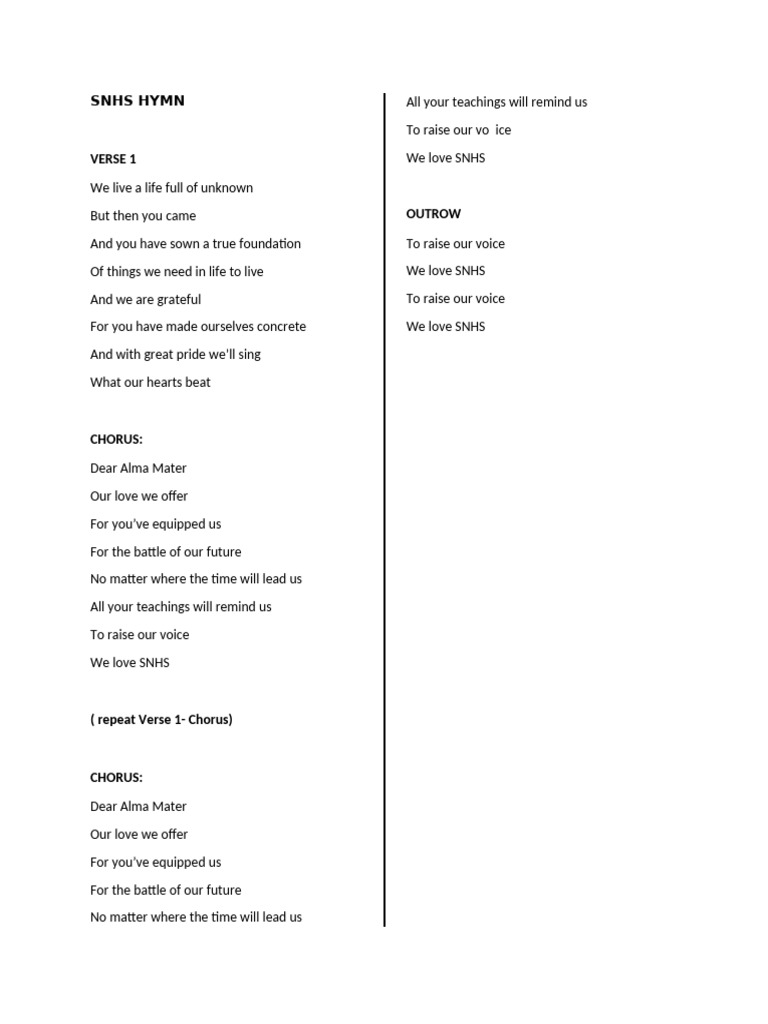 SNHS Hymn Lyrics | PDF