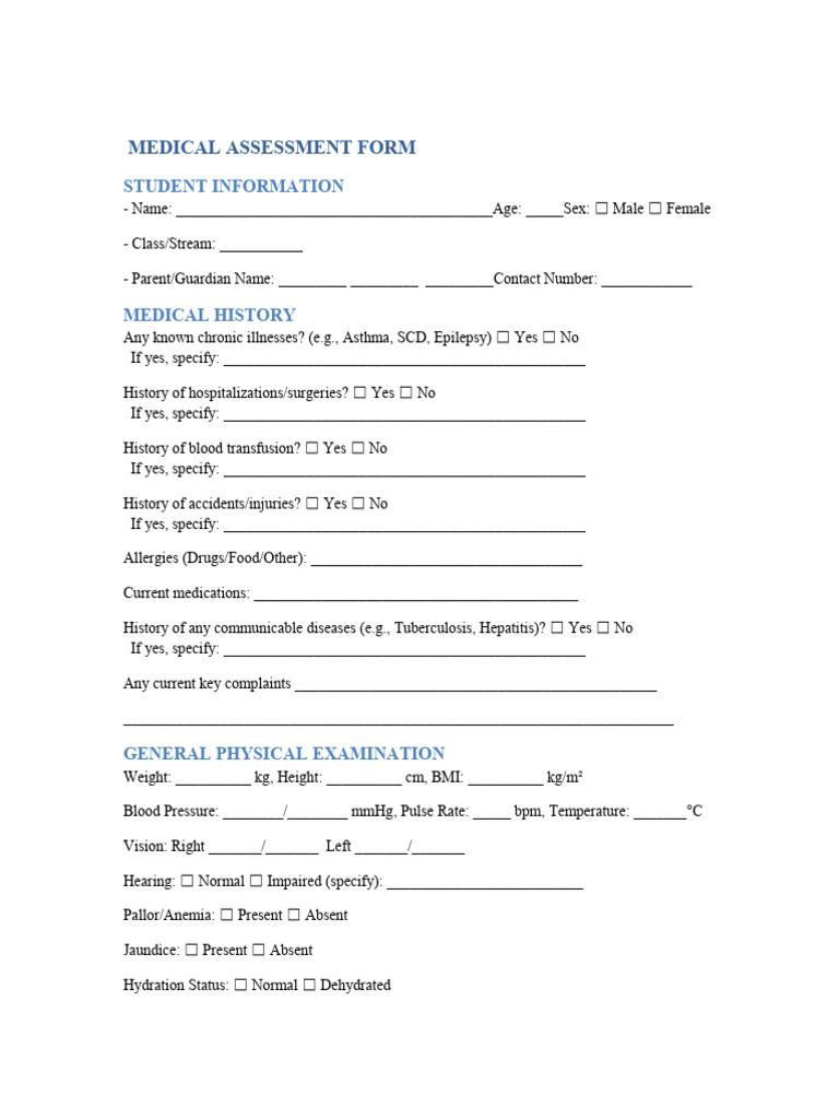 Student Medical Assessment Form | PDF | Physical Examination | Health Care