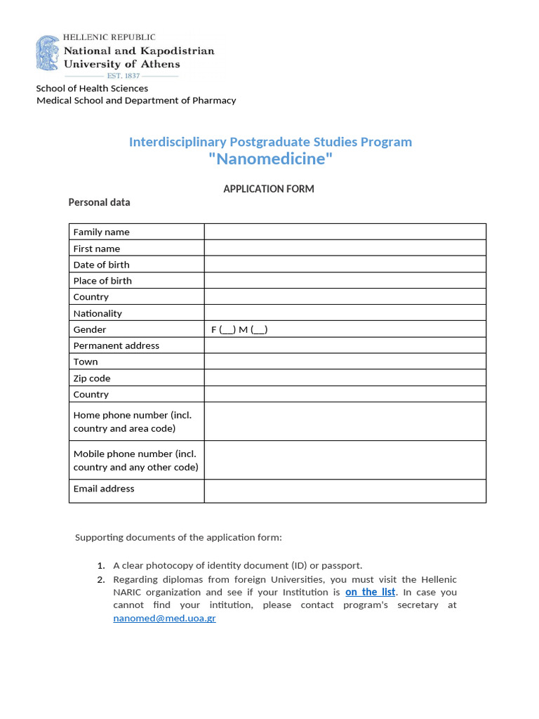 Nanomedicine Postgraduate Application Form | PDF | Medical School | Diploma