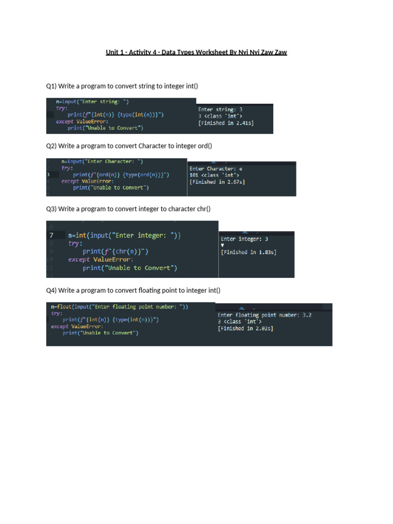 Unit 1 - Activity 4 - Data Types Worksheet Nyi Nyi Zaw Zaw | PDF