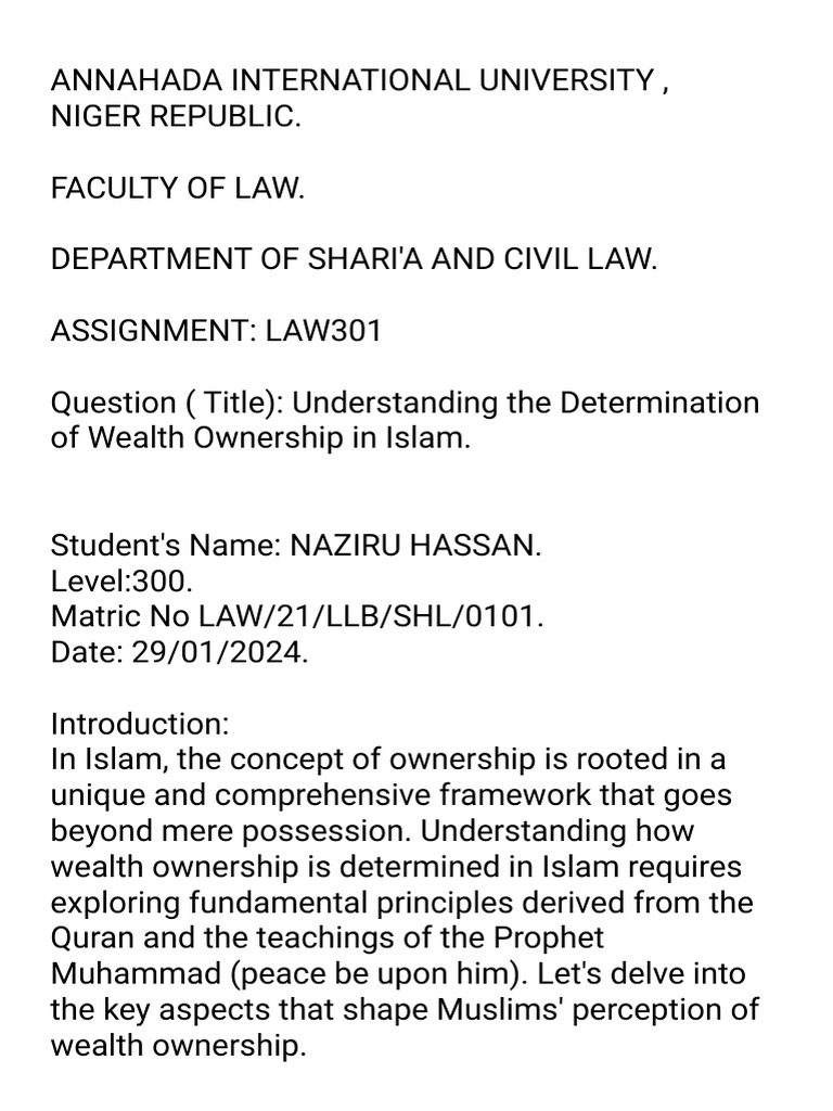 ISLAMIC LAW OF INHERITANCE ASSIGNMENT (One Doc Reader) | PDF | Sharia | Justice