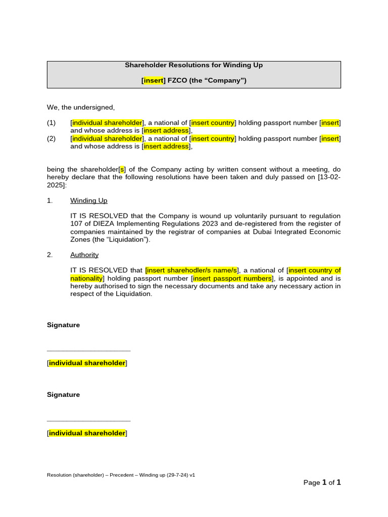 Resolution (Shareholder) Precedent Winding Up Individual | PDF