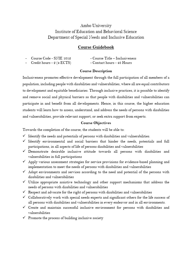 Inclusiveness Course Outline | PDF | Disability | Special Education