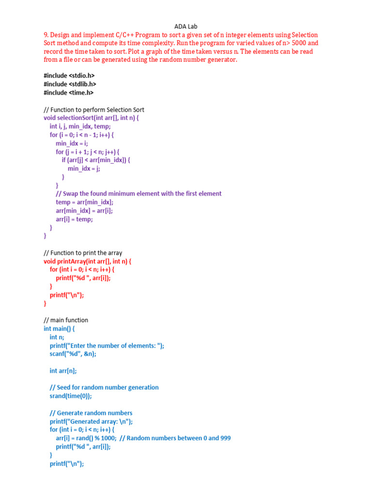 Expt 9 Selection Sort ADA Lab | PDF | Integer (Computer Science) | Software Development