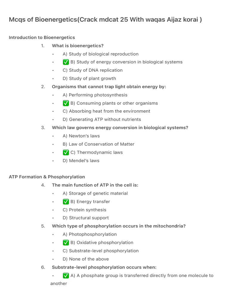 Mcqs of Bioenergetics (Crack Mdcat 25 With Waqas Aijaz Korai) | PDF | Cellular Respiration ...