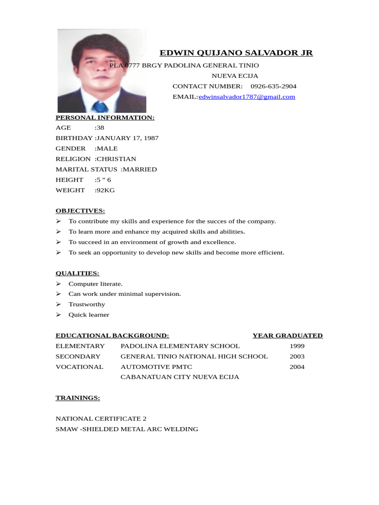Edwin Quijano Salvador Jr. Resume | PDF