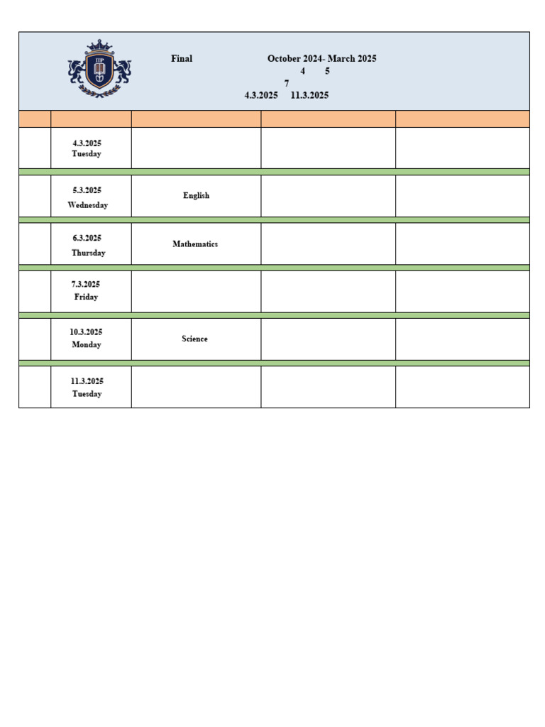 Grade 7 Final Exam Timetable 2025 | PDF