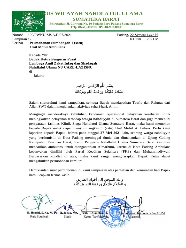Surat Permohonan Sumbangan Ambulan NU CARE LAZISNU PUSAT | PDF