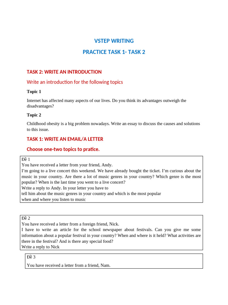 Vstep Writing - Practice Task 1+ 2 (Captoc) | PDF