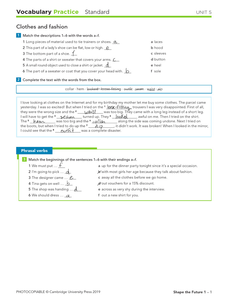 Shape The Future 1 - Vocabulary Practice Standard - Unit 5 - Without Answers | PDF | Clothing ...