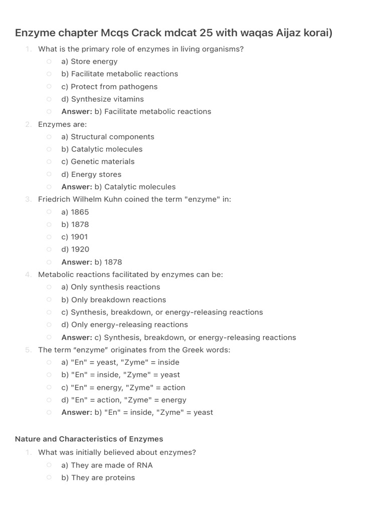Enzyme Chapter Mcqs Crack Mdcat 25 With Waqas Aijaz Korai) | PDF ...