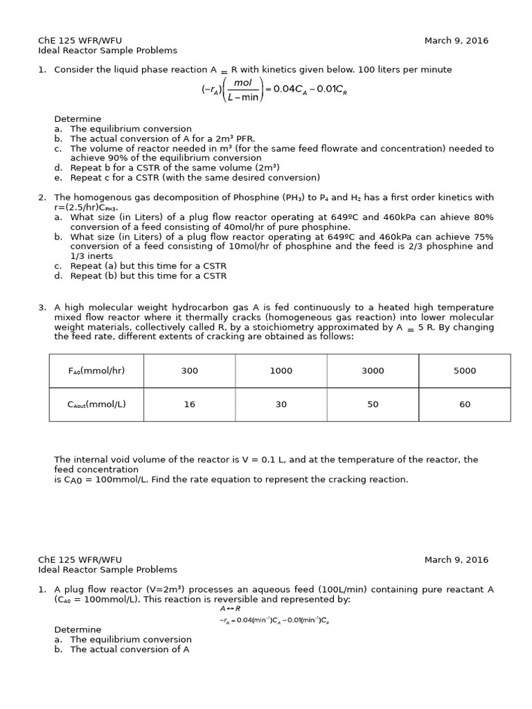 Ideal Reactor Sample Problems | PDF | Chemical Reactor | Chemical Kinetics