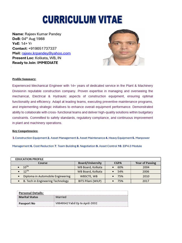 Rajeev Kumar Pandey: 04 Aug 1988: 14+ Yr: +919051737337:: Kolkata, WB, IN | PDF | Engineering ...