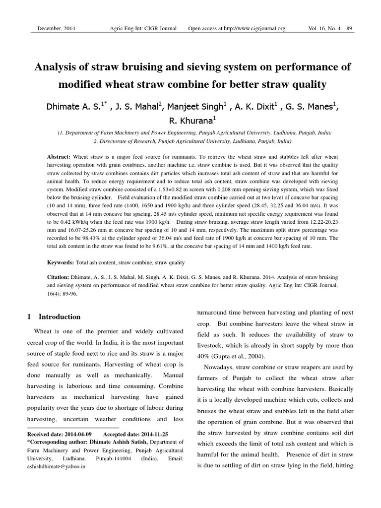 Analysis of Straw Bruising and Sieving S | PDF | Wheat