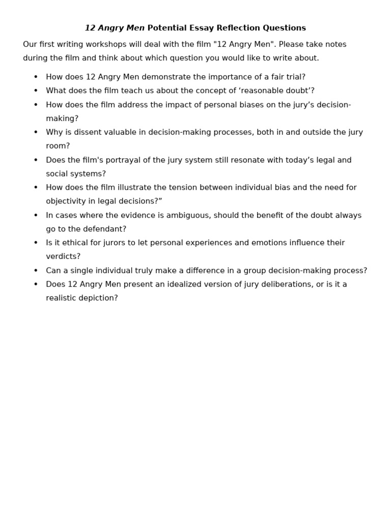 Essay Questions on 12 Angry Men | PDF