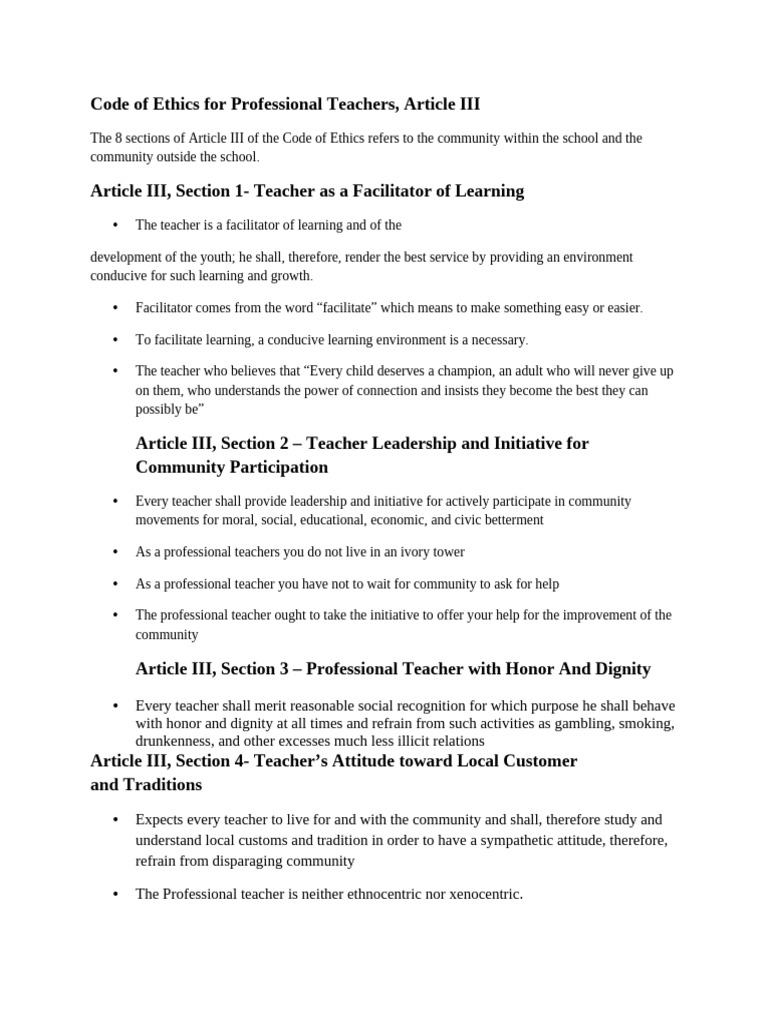Code of Ethics for Teachers: Article III | PDF | Teachers | Social ...