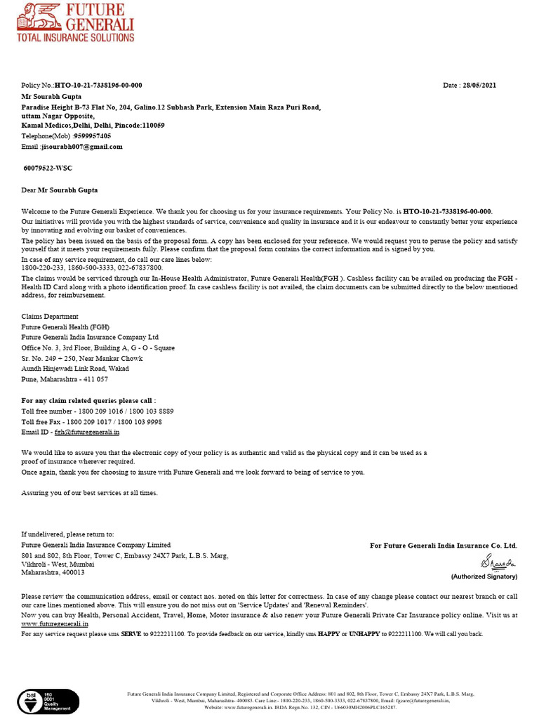 Future Generali Health Policy Details | PDF | Insurance | Financial ...