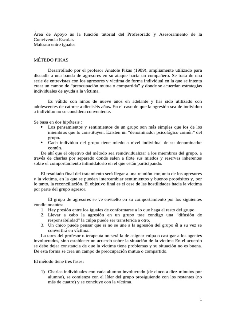 Método Pikas para la Convivencia Escolar | PDF | Agresión | Psicología ...