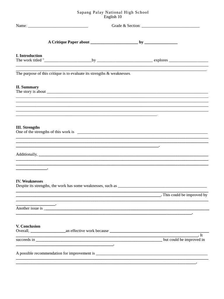 Critique Paper Outline Template | PDF